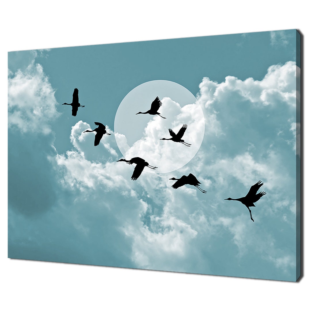 Blue Sky Moonlight Flying Crane Birds Modern Design Home Decor Canvas ...