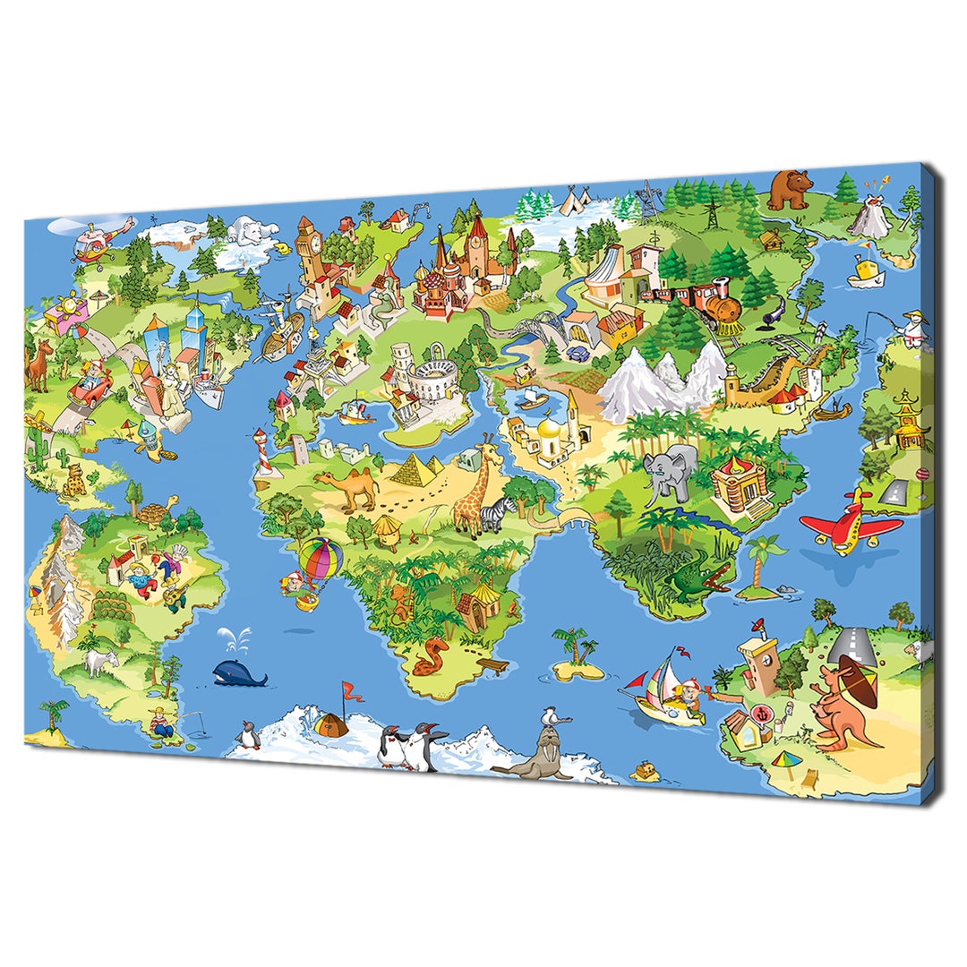 Funny Map of the World Geography Modern Design Kids Room Decor Canvas ...