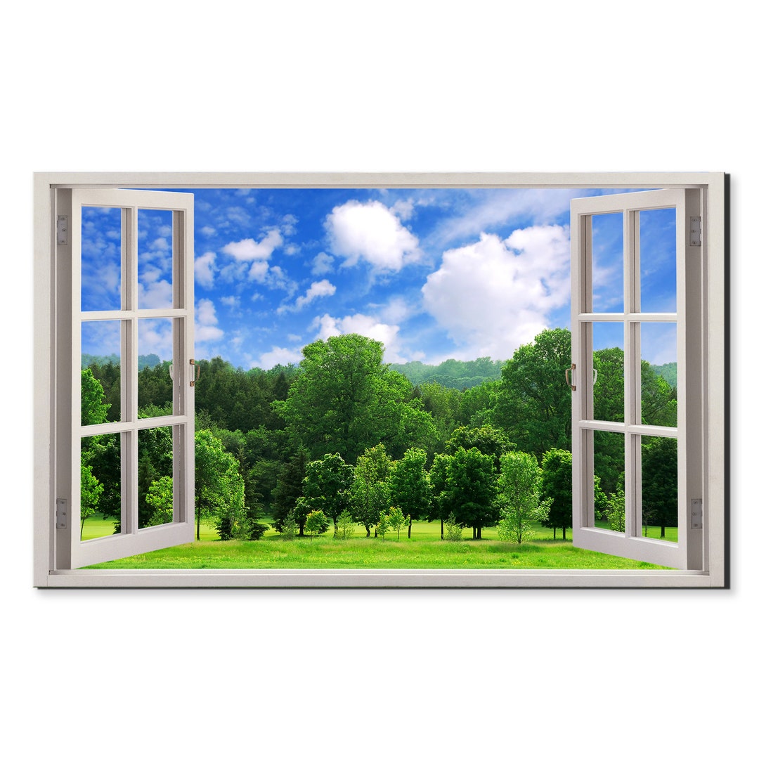 Green Forest Trees Blue Sky Window View, Window Frame Style Modern ...