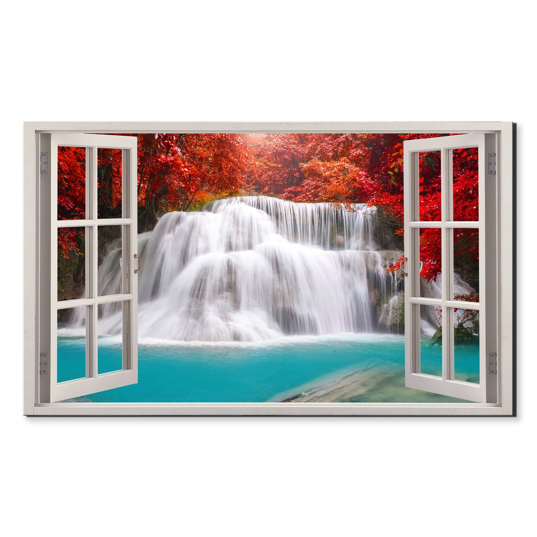 Waterfall in Deep Red Rainforest Jungle Window View, Window Frame Style ...