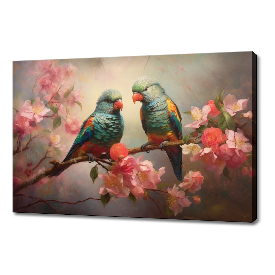 Two Colourful Lovebirds Parrots Sitting on Blossom Tree Painting Canvas ...