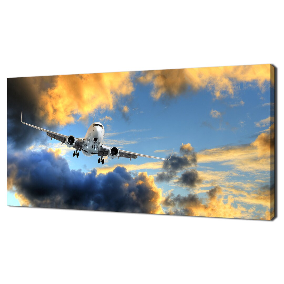 Spectacular Panorama of Airplane Flying in Sunset Sky Modern Design ...