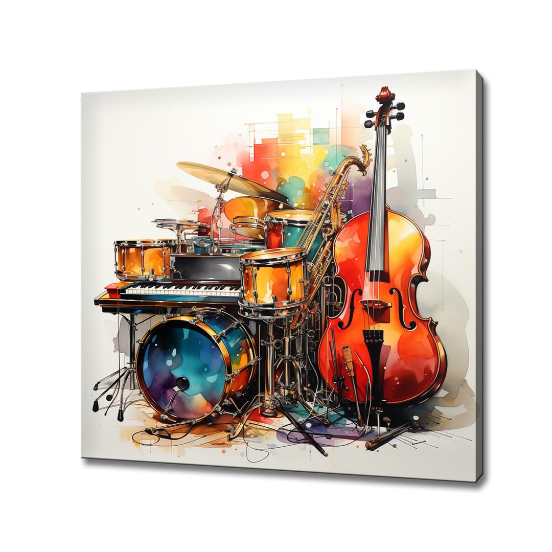 Music Instruments Drums Guitars Colourful Watercolour Canvas Print Wall ...