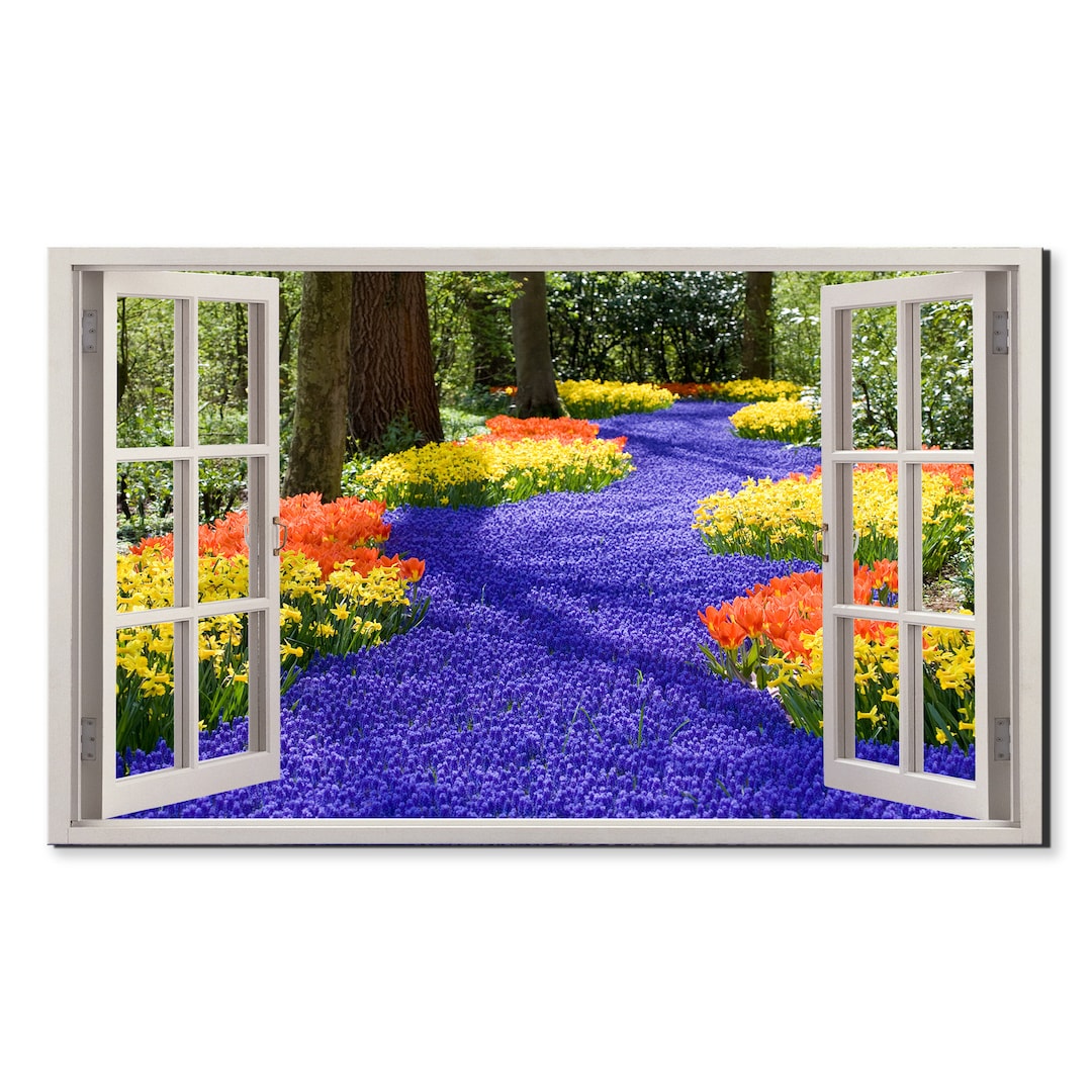 Colourful Spring Flowers Forest Window View, Window Frame Style Modern ...