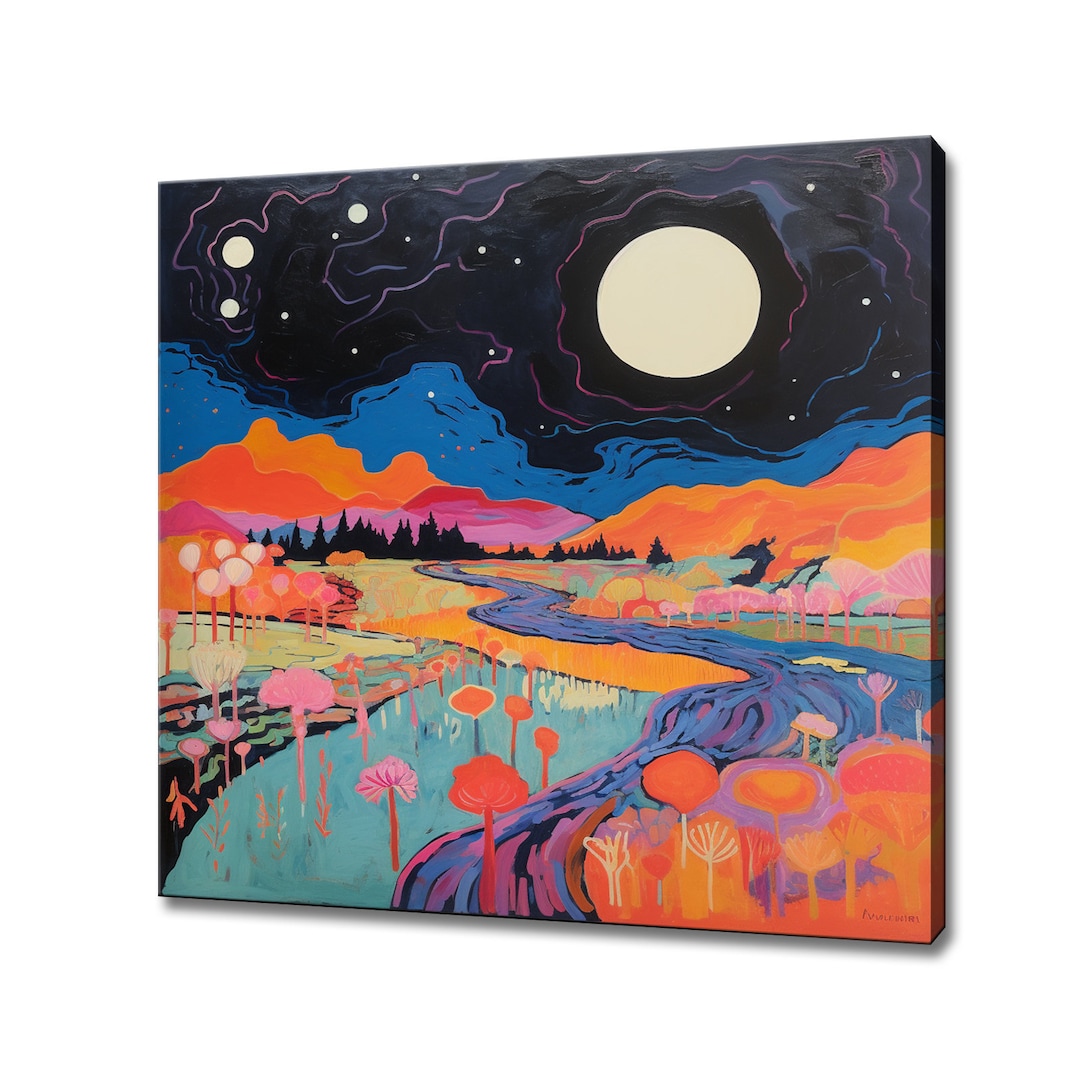Abstract Fantasy Moonlight Trees River Painting Style Canvas Print ...