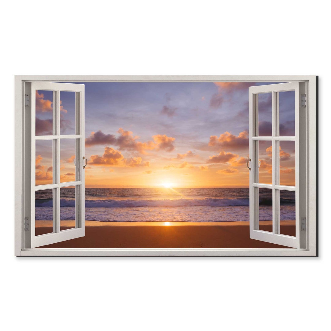 Sunset Over the Horizon Seascape Window View, Window Frame Style Modern ...