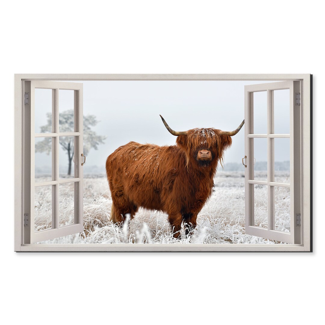 Scottish Highland Cow in Winter Window View, Window Frame Style Modern ...