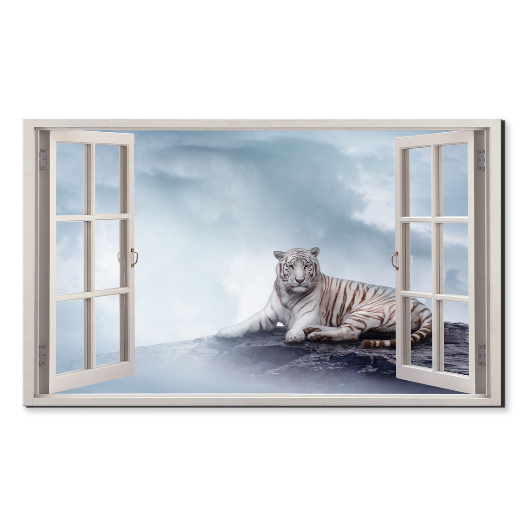 White Tiger on the Rock Window View, Window Frame Style Modern Design ...