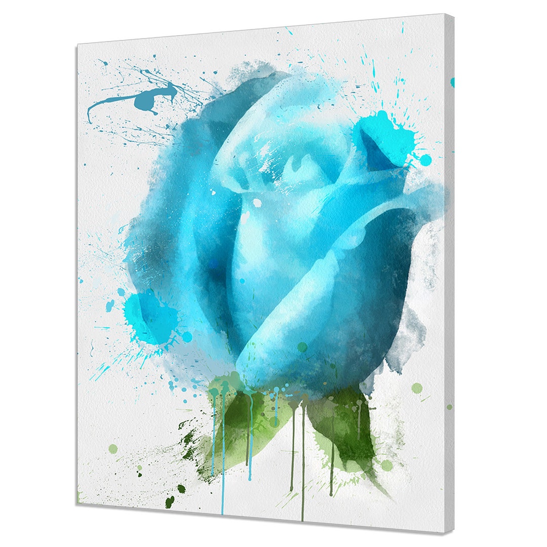 Blue Rose Paint Splatter Flower Floral Modern Design Home Decor Canvas ...