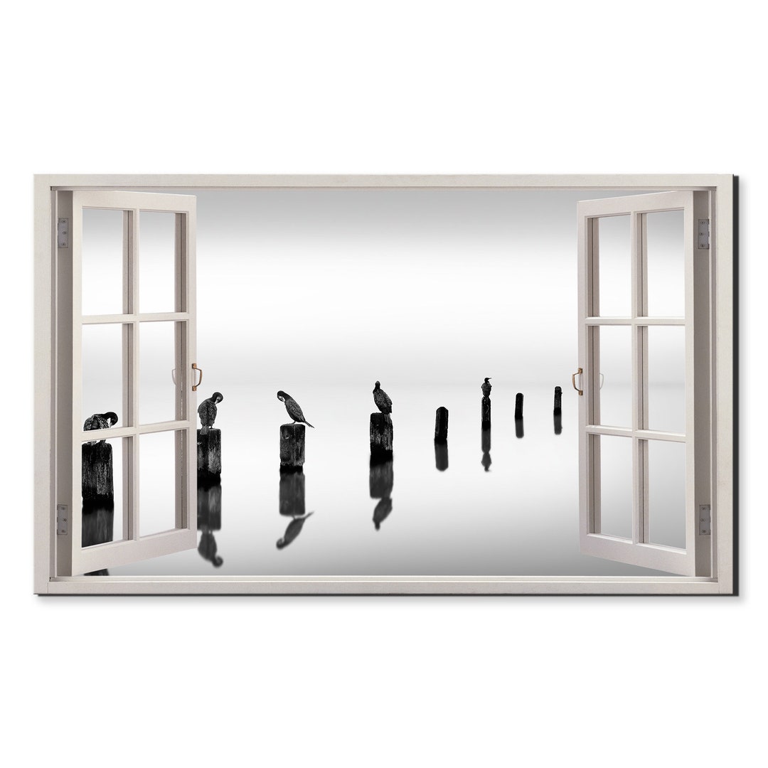 Birds Sitting on Pillars in Water Window View, Window Frame Style ...
