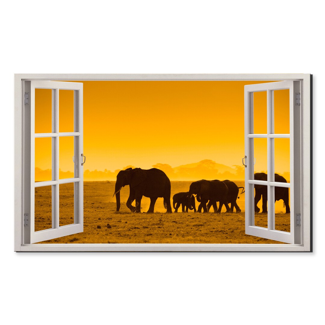 African Elephants Family Sunset Window View, Window Frame Style Modern ...