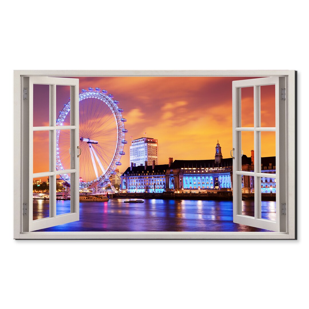 London Eye Thames River Night Lights Window View, Window Frame Style ...