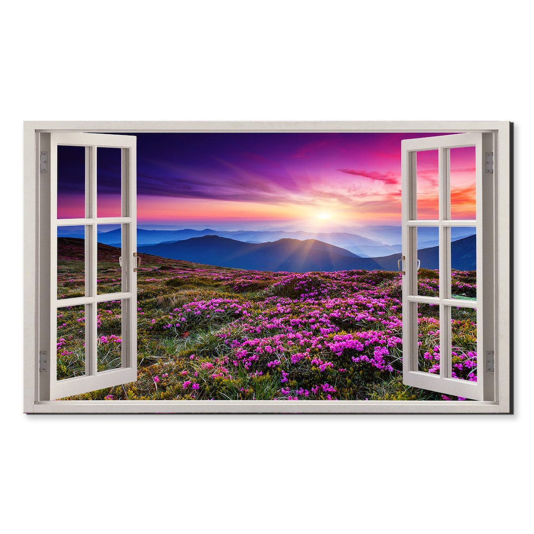 Purple Flowers Field Mountains Morning Window View, Window Frame Style ...