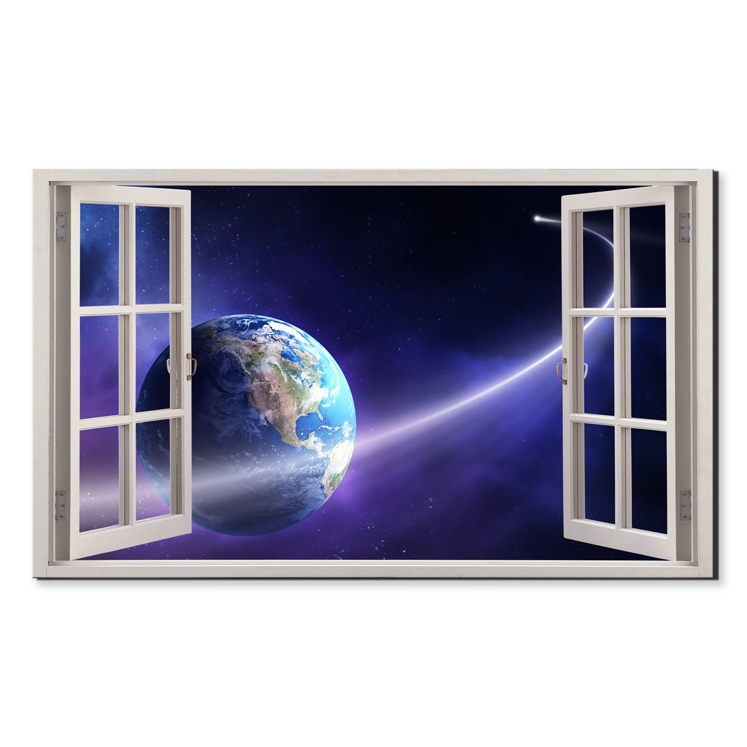 Comet Passing in Front of Planet Earth Window View, Window Frame Style ...