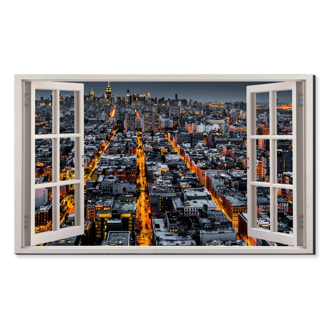 New York Night Skyline Window View, Window Frame Style Modern Design ...