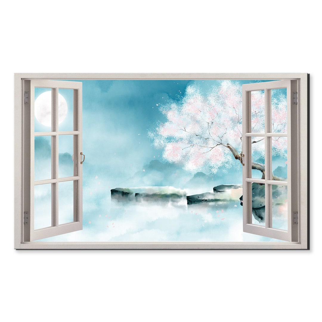 White Blossom Tree at Moonlight Window View, Window Frame Style Modern ...