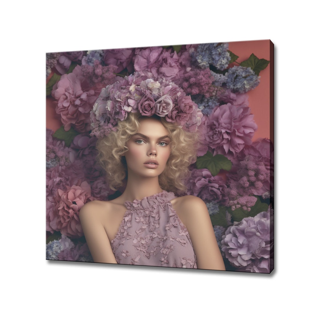 Purple Blue Flowers Woman Head Canvas Print, Rococo Flowers Wall Art ...