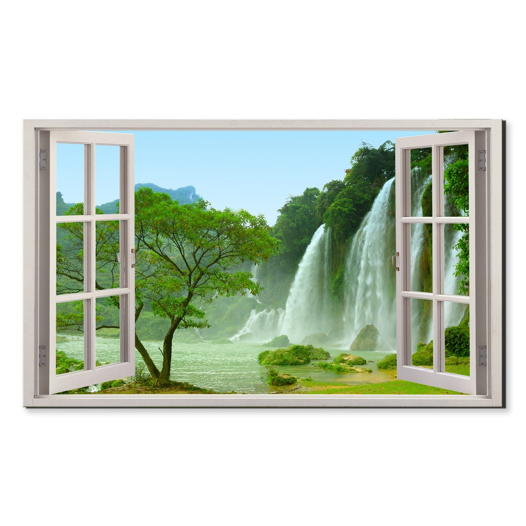 Green Tree Waterfalls Rainforest Window View, Window Frame Style Modern ...