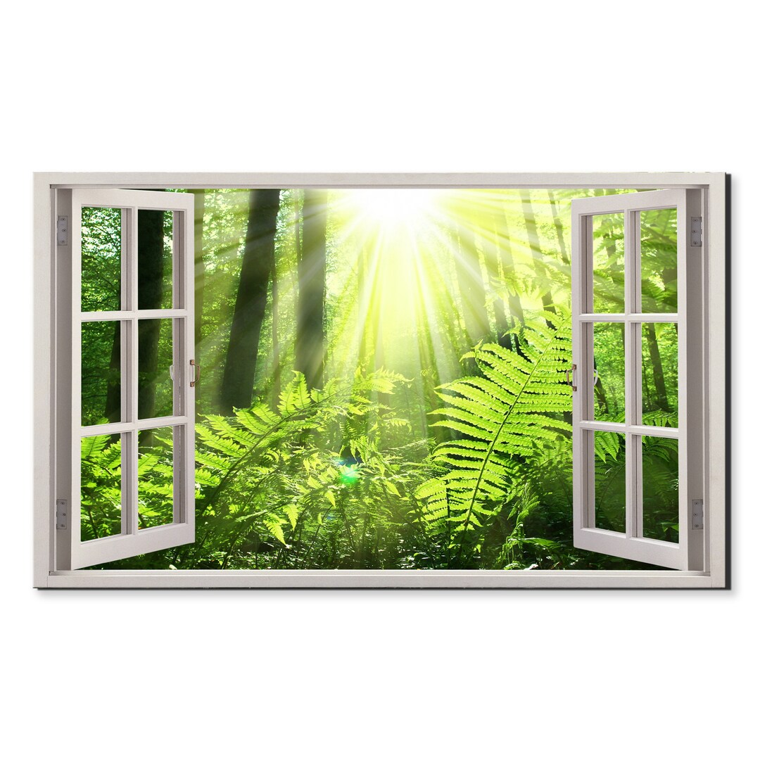 Green Forest Plants Sunrays Window View, Window Frame Style Modern ...