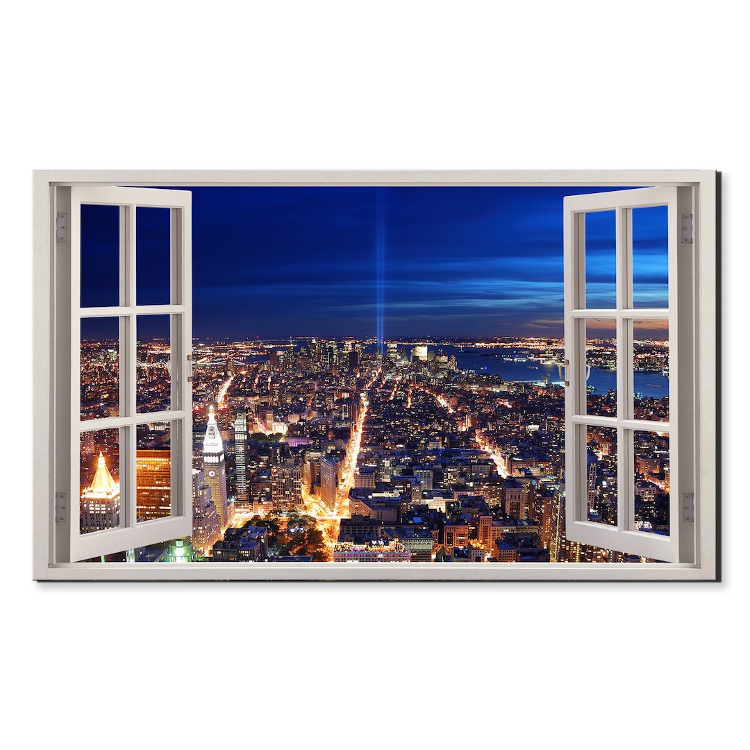 New York City Manhattan at Night Window View, Window Frame Style Modern ...