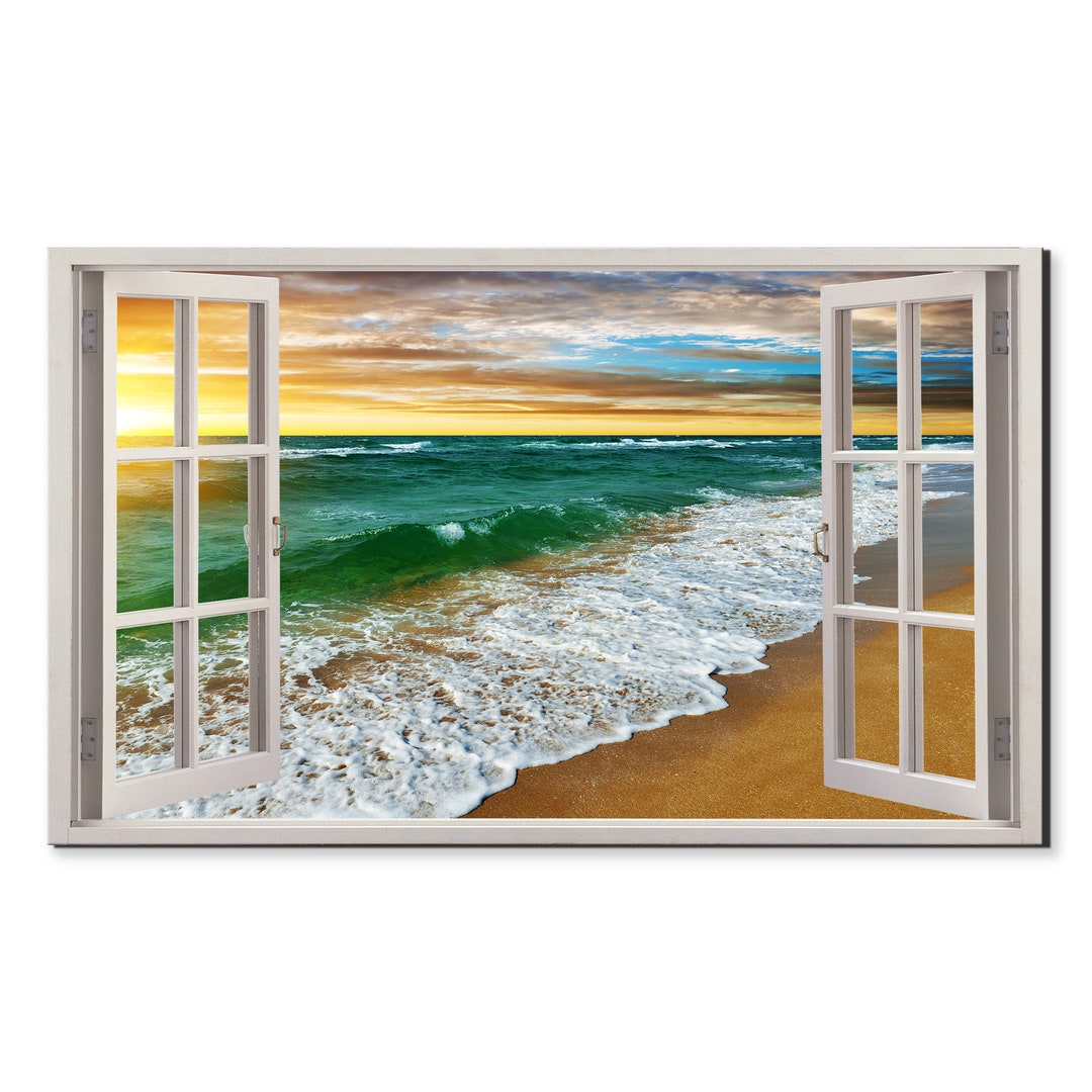 Tropical Sunset Over the Sea Window View, Window Frame Style Modern ...