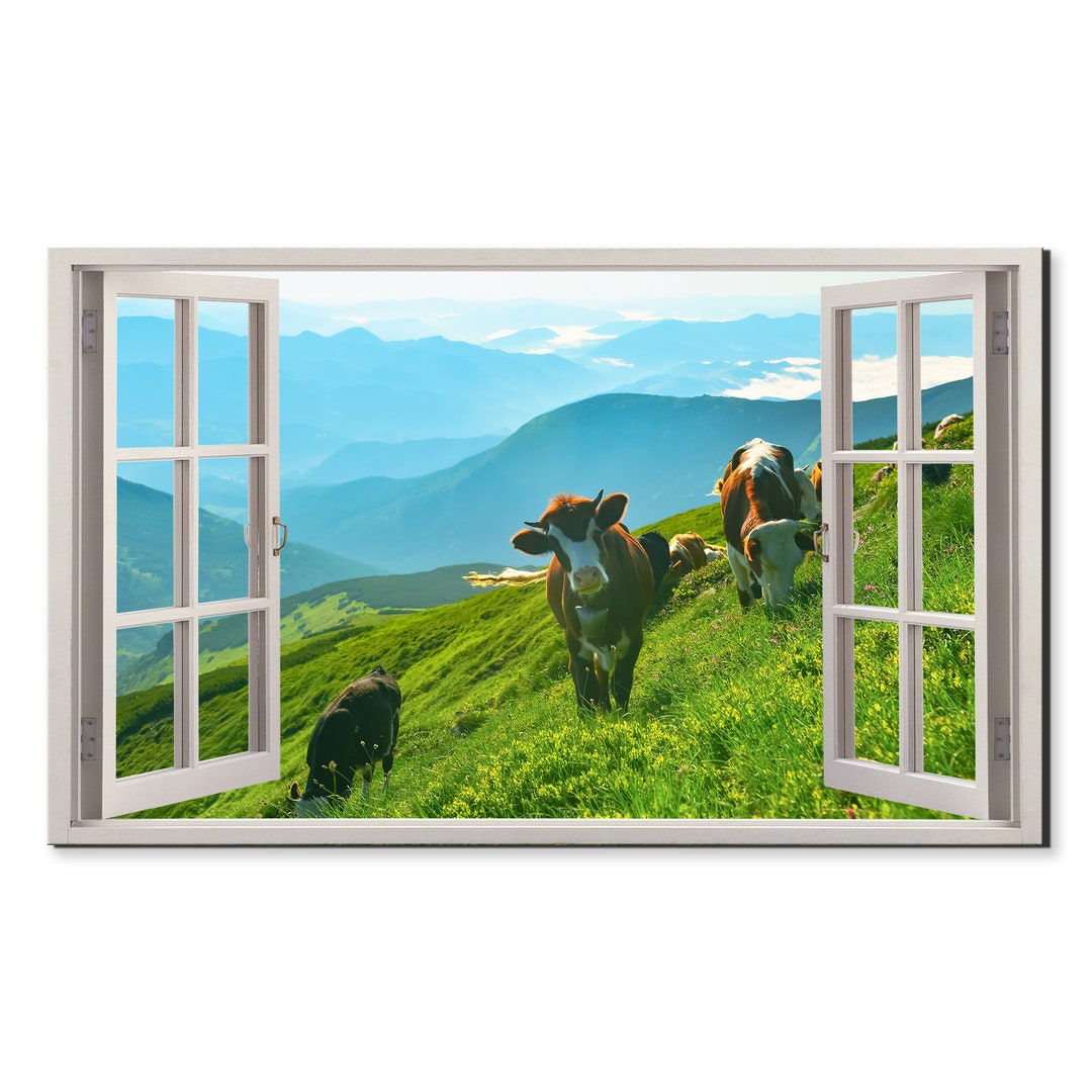 Cows on Alpine Green Meadow Sunny Day Window View, Window Frame Style ...