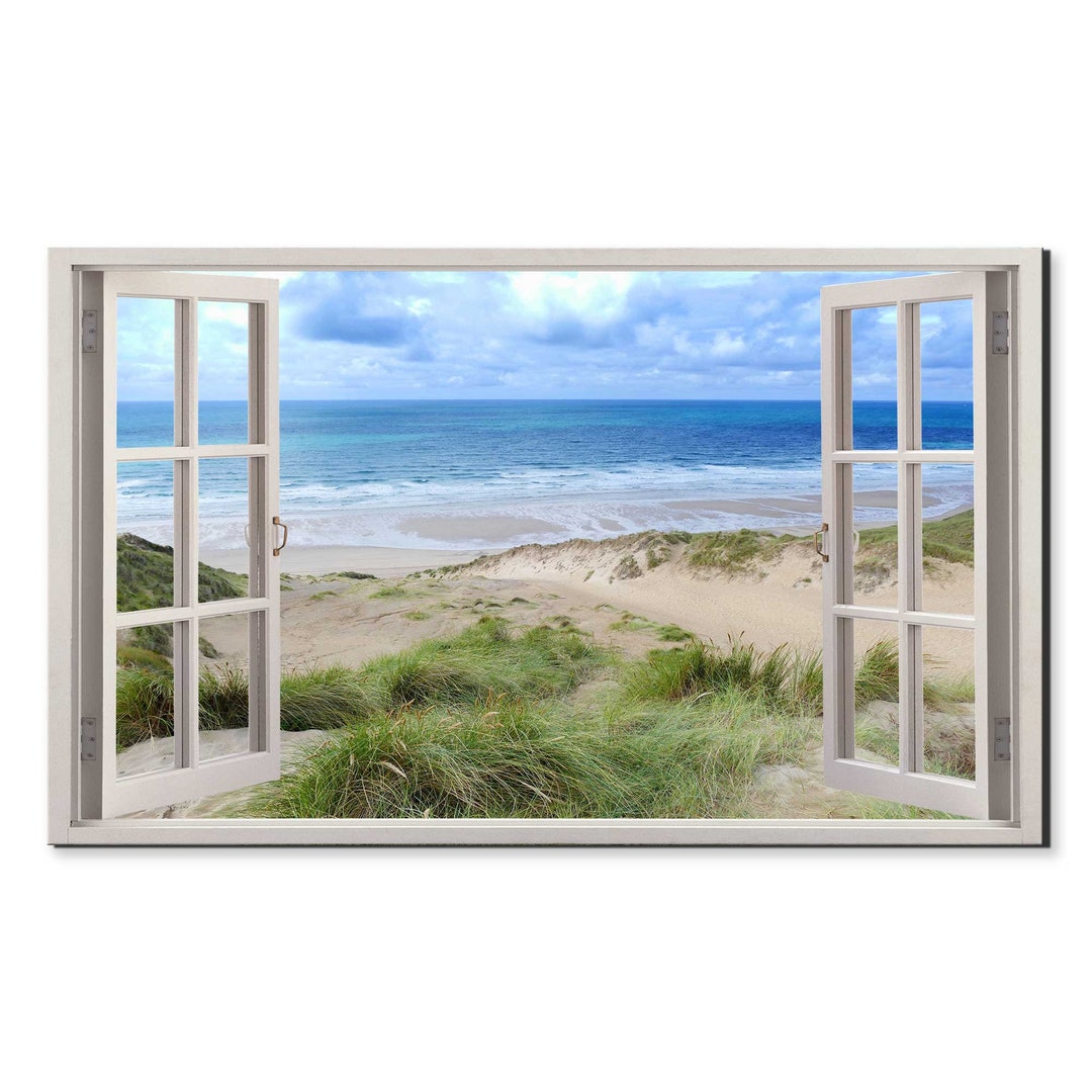 Seaside Beach Sand Dunes Window View, Window Frame Style Modern Design ...