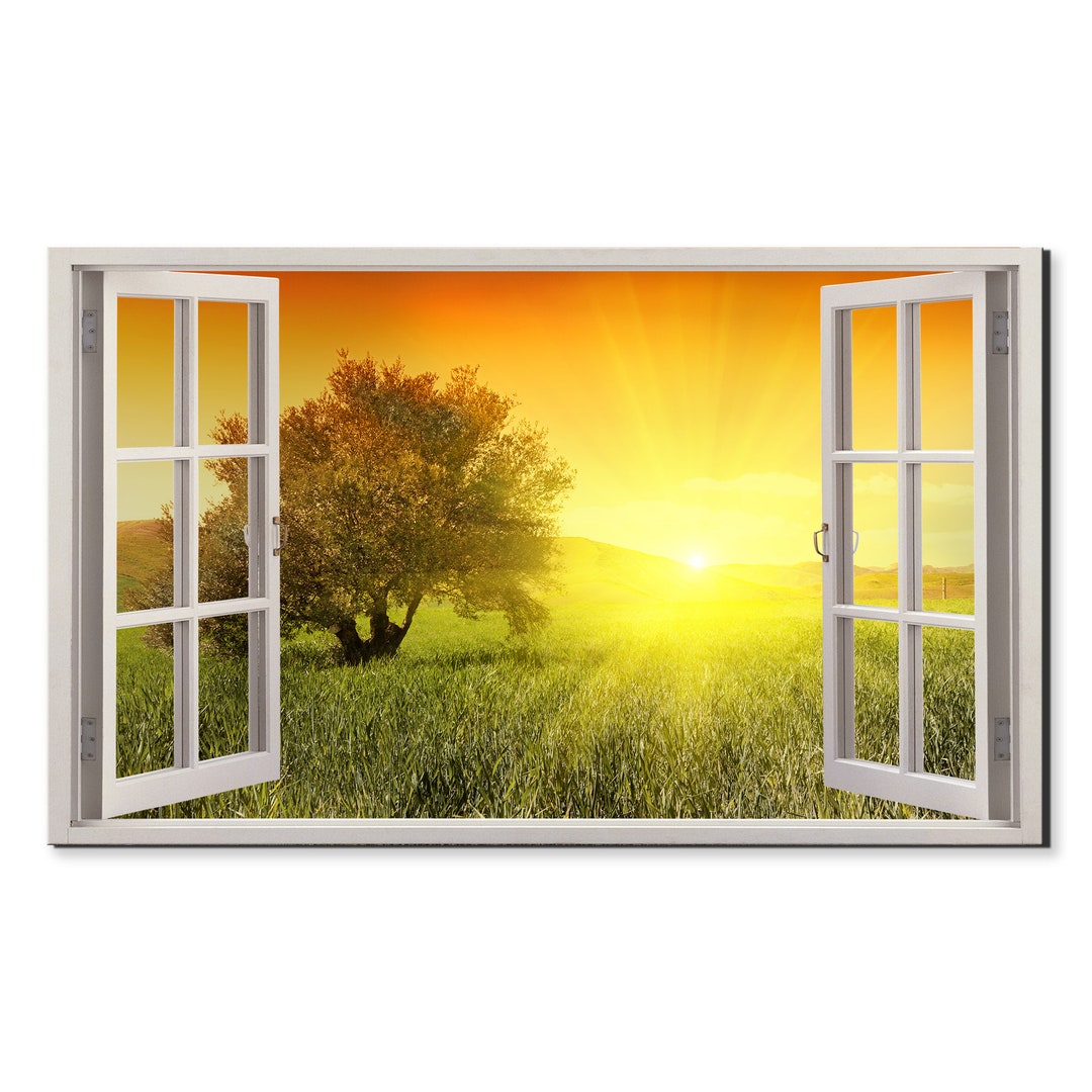 Sunset Over Olive Tree Window View, Window Frame Style Modern Design ...
