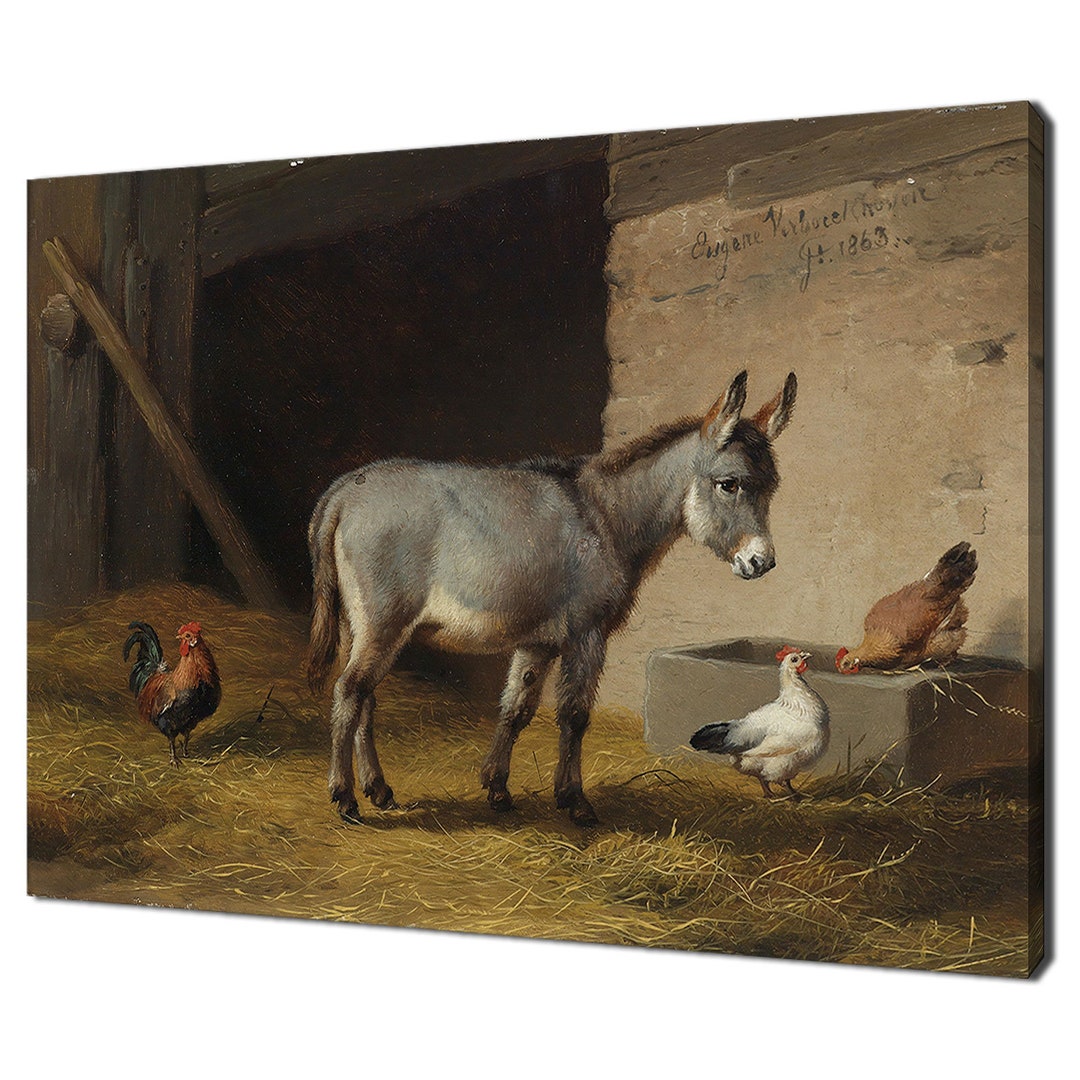 Donkeys and Chickens in the Stable 1863, Victorian Oil Painting Print ...