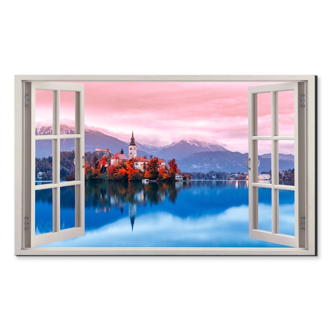 Pink Sky Over Bled Lake in Slovenia Window View, Window Frame Style ...