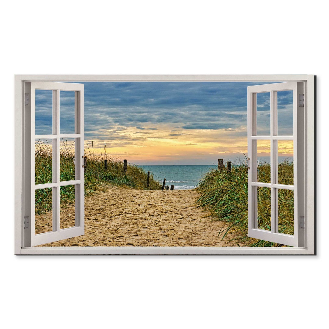 Seascape Beach Sand Dunes Window View, Window Frame Style Modern Design ...