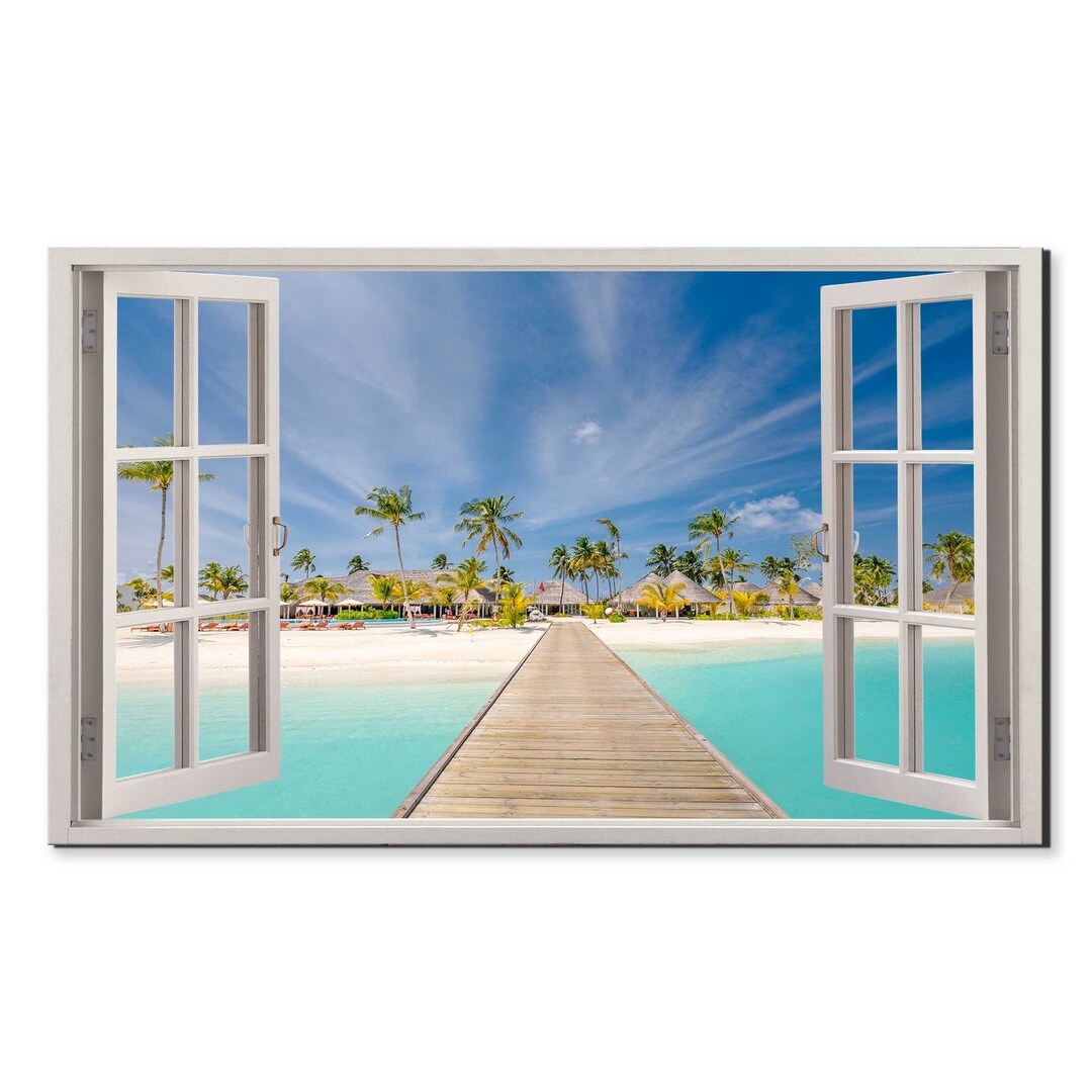 Tropical Island Palms and Wooden Jetty Window View, Window Frame Style ...