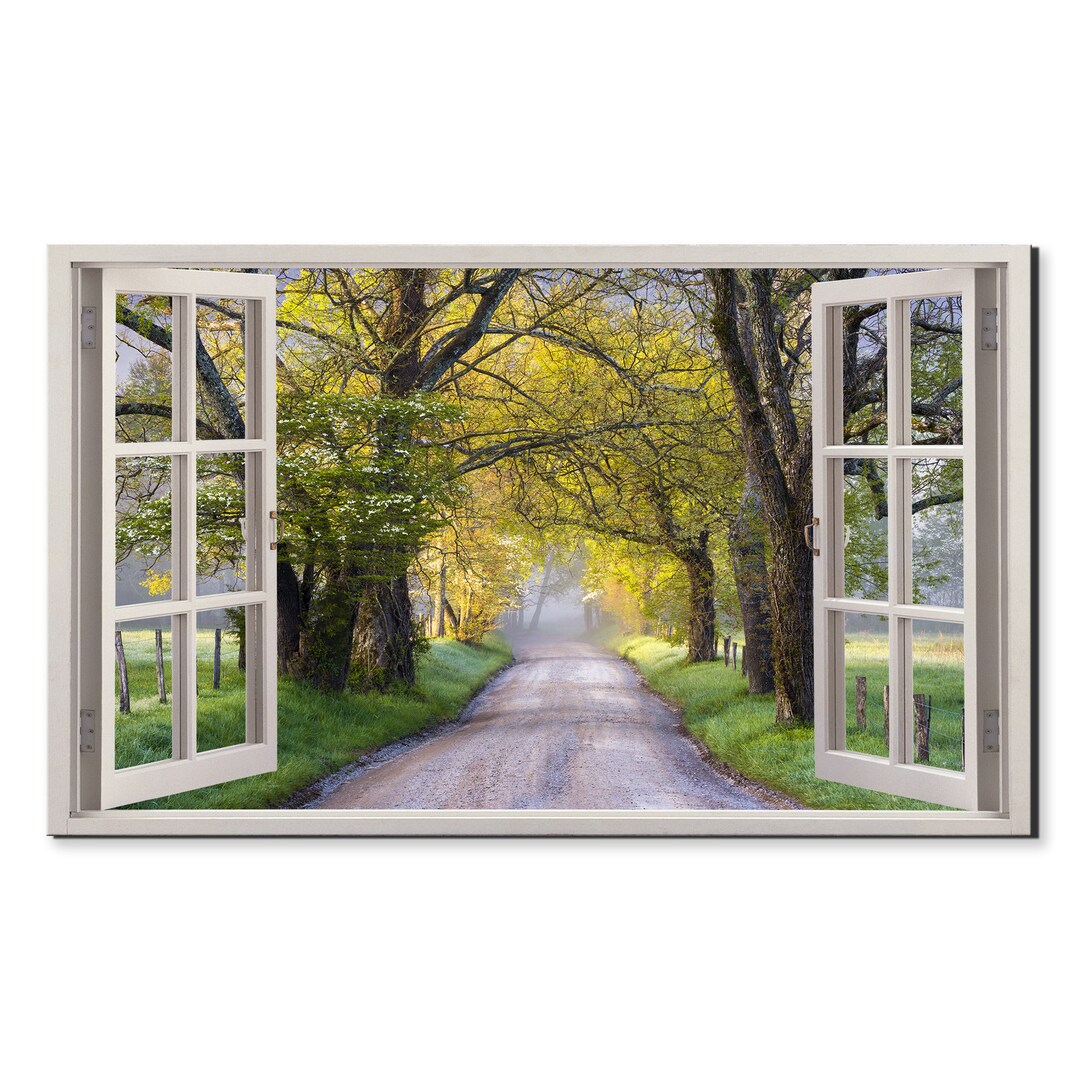 Road Through Green Trees Window View, Window Frame Style Modern Design ...