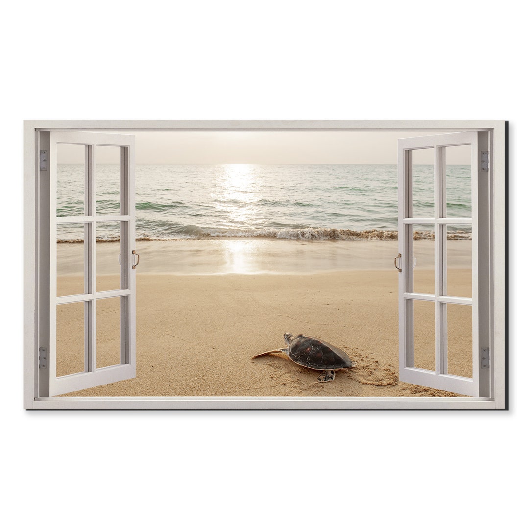Sea Turtle Tropical Sandy Beach Sunset Window View, Window Frame Style ...