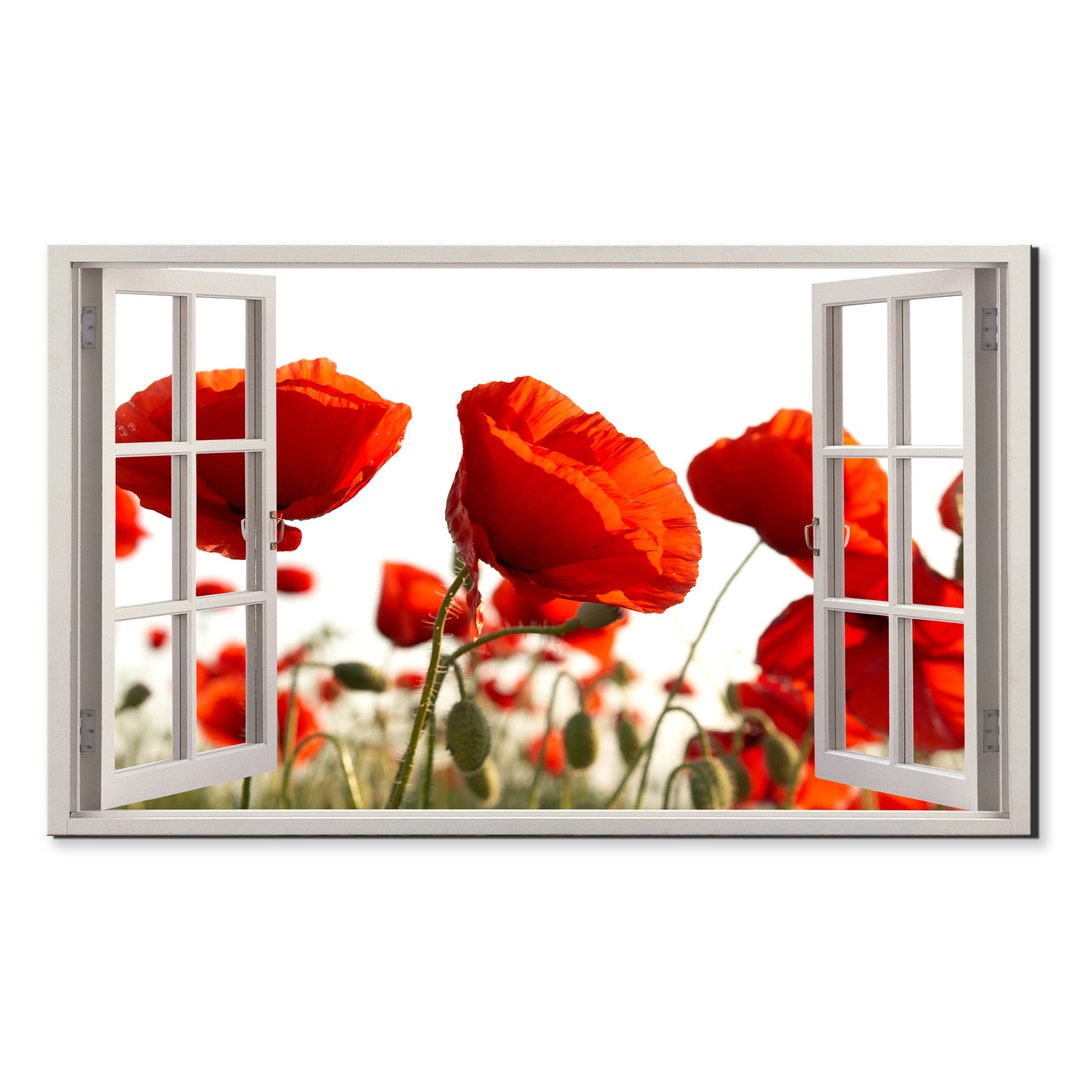 Red Poppies Flowers Window View, Window Frame Style Modern Design Home ...