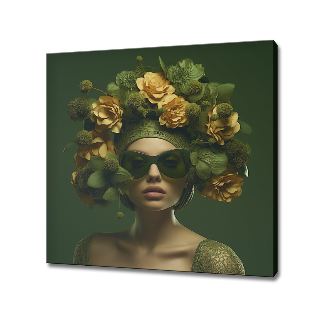 Green Yellow Flowers Woman Head Canvas Print, Rococo Flowers Art ...