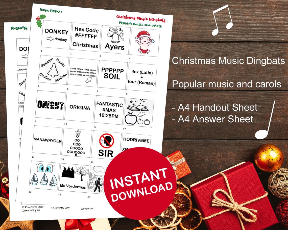 Fun Christmas Quiz - Dingbats Music Quiz - Fun Puzzle Handout for ...