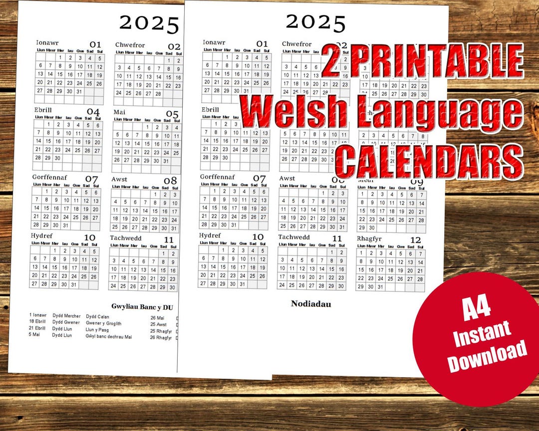 2 Printable Welsh Calendars - Calendrau Cymreig Y Gellir Eu Hargraffu ...