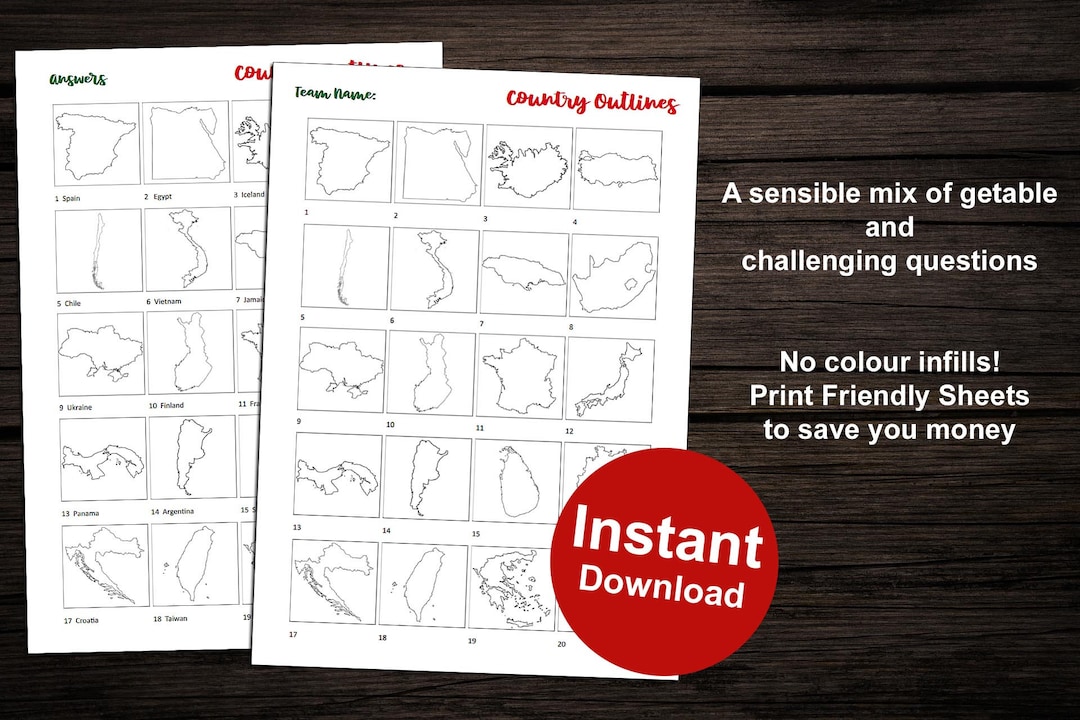 Country Outlines - Fun Picture Quiz - World Geography Round - Etsy