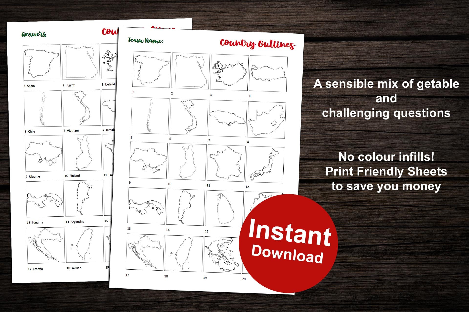 Country Outlines - Fun Picture Quiz - World Geography Round - Etsy