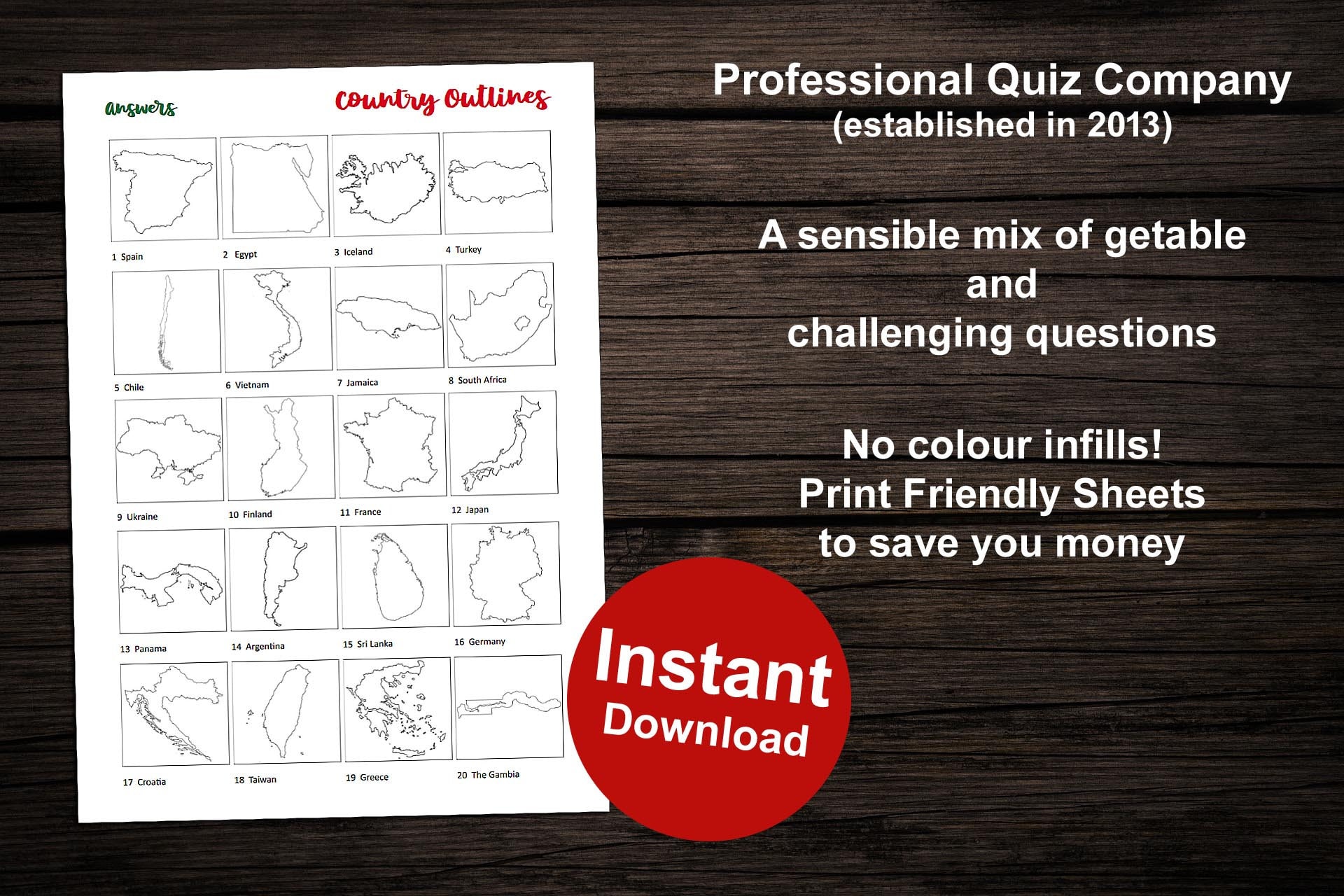 Country Outlines Fun Picture Quiz World Geography Round - Etsy