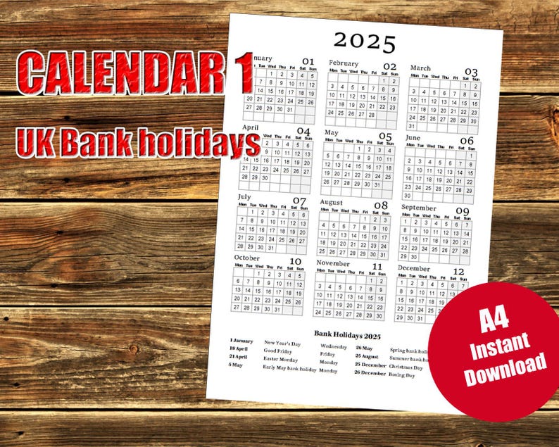 2 Printable Calendars - 2025 Printable A4 Calendar With UK Bank ...