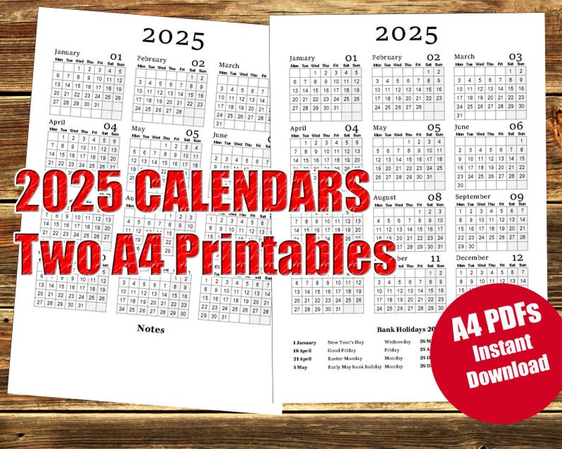 2 Printable Calendars - 2025 Printable A4 Calendar With UK Bank ...