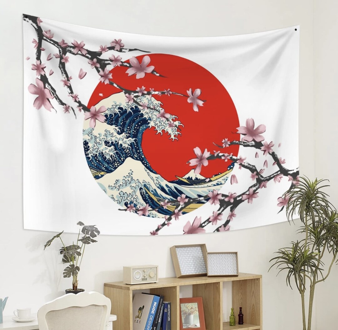 This is a Japanese Art Tapestry, Great Wave Cherry Blossoms Sunset ...