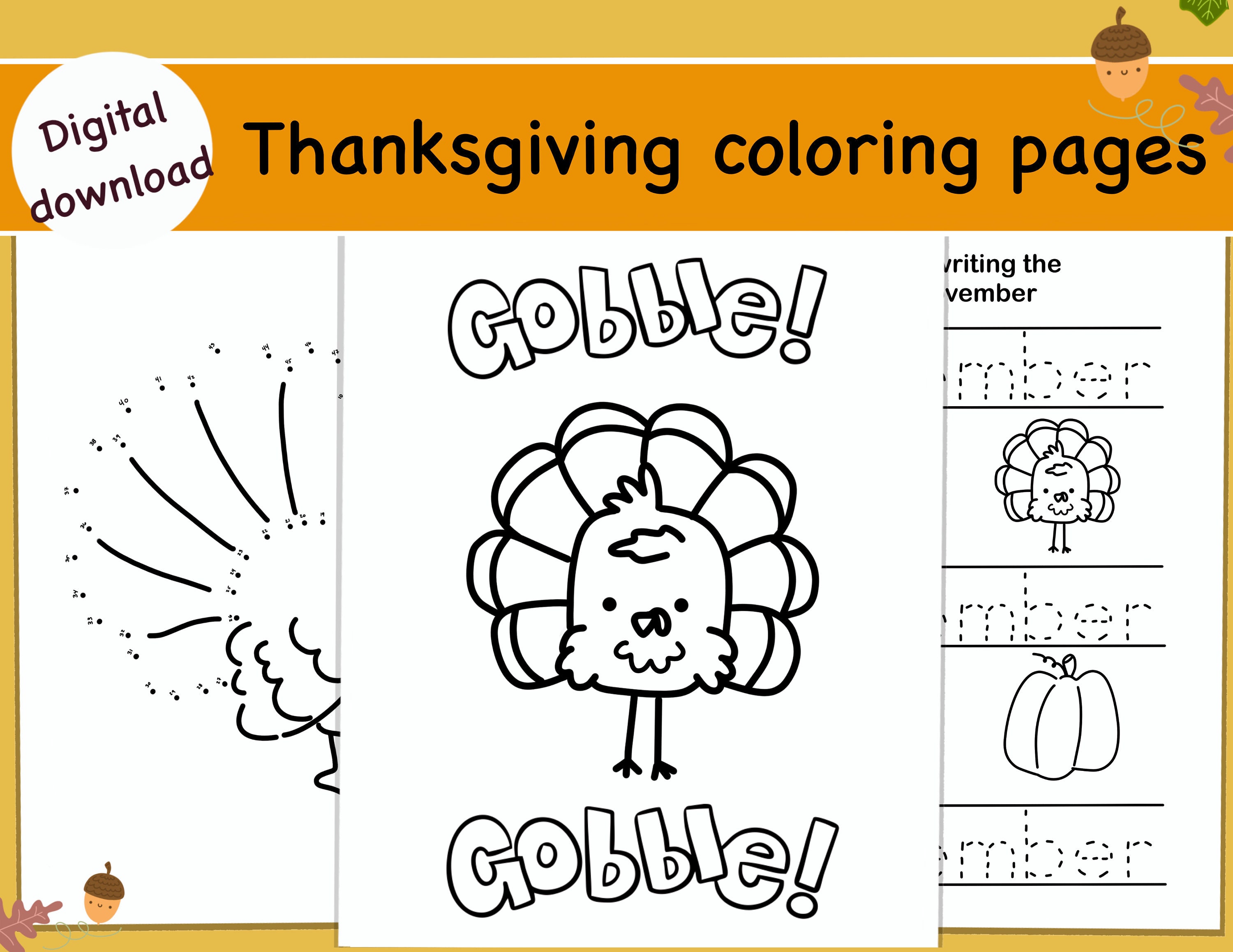 Pumpkin Turkey and Thanksgiving Coloring Pages 16 - Etsy