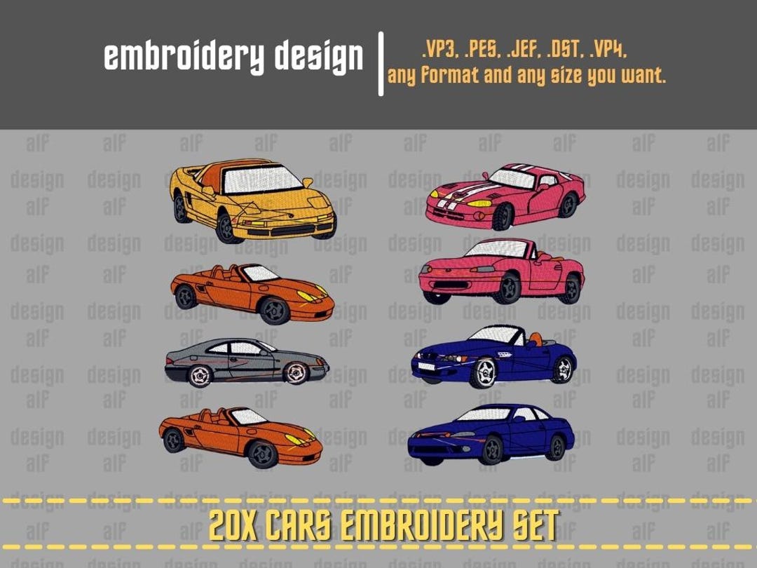 Cars Set Embroidery Design, Sport Cars Embroidery Designs, 20 Design ...
