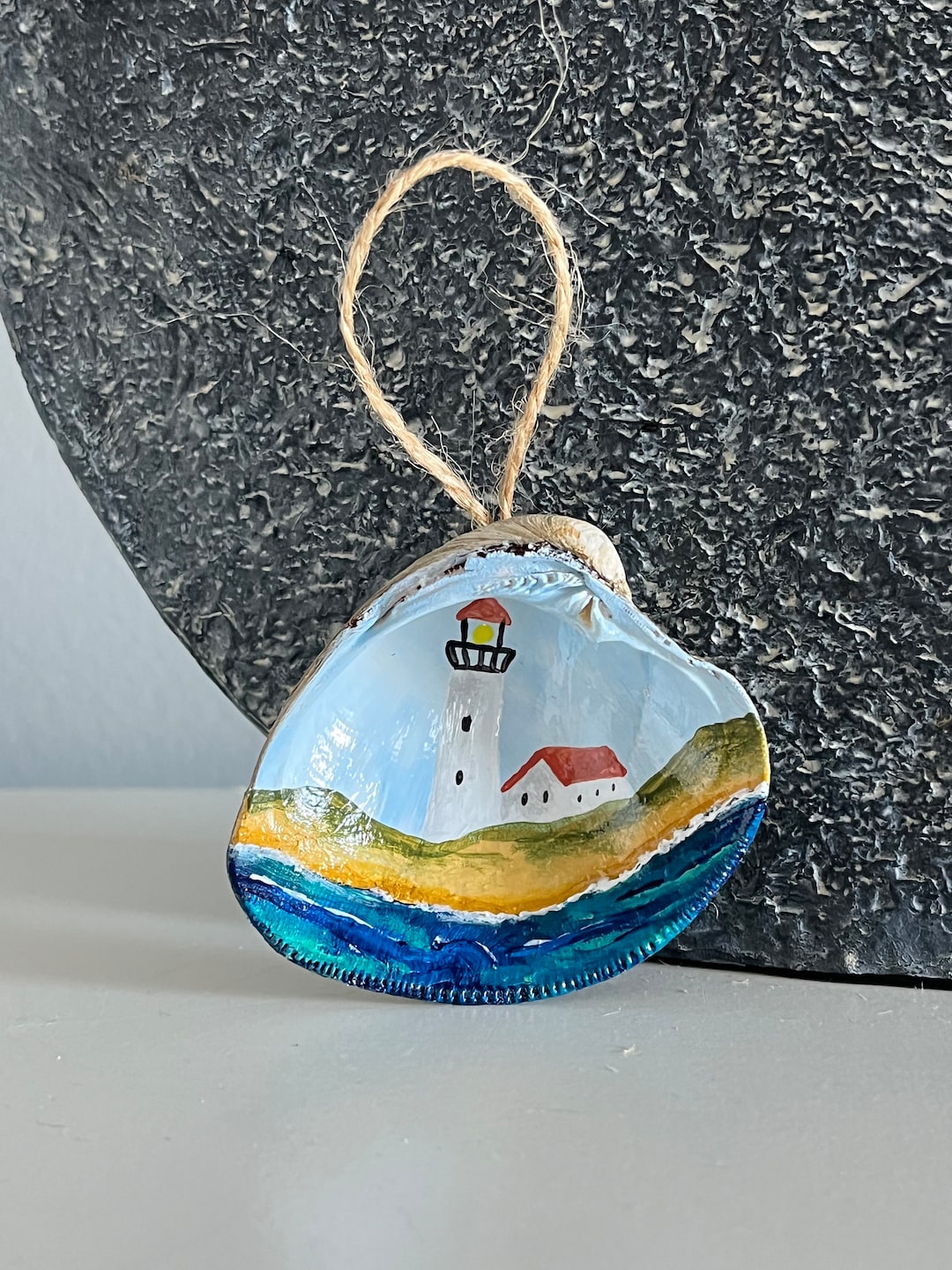 Hand Painted Clam Shell Ornament Lighthouse Seascape Gift Coastal Beach ...
