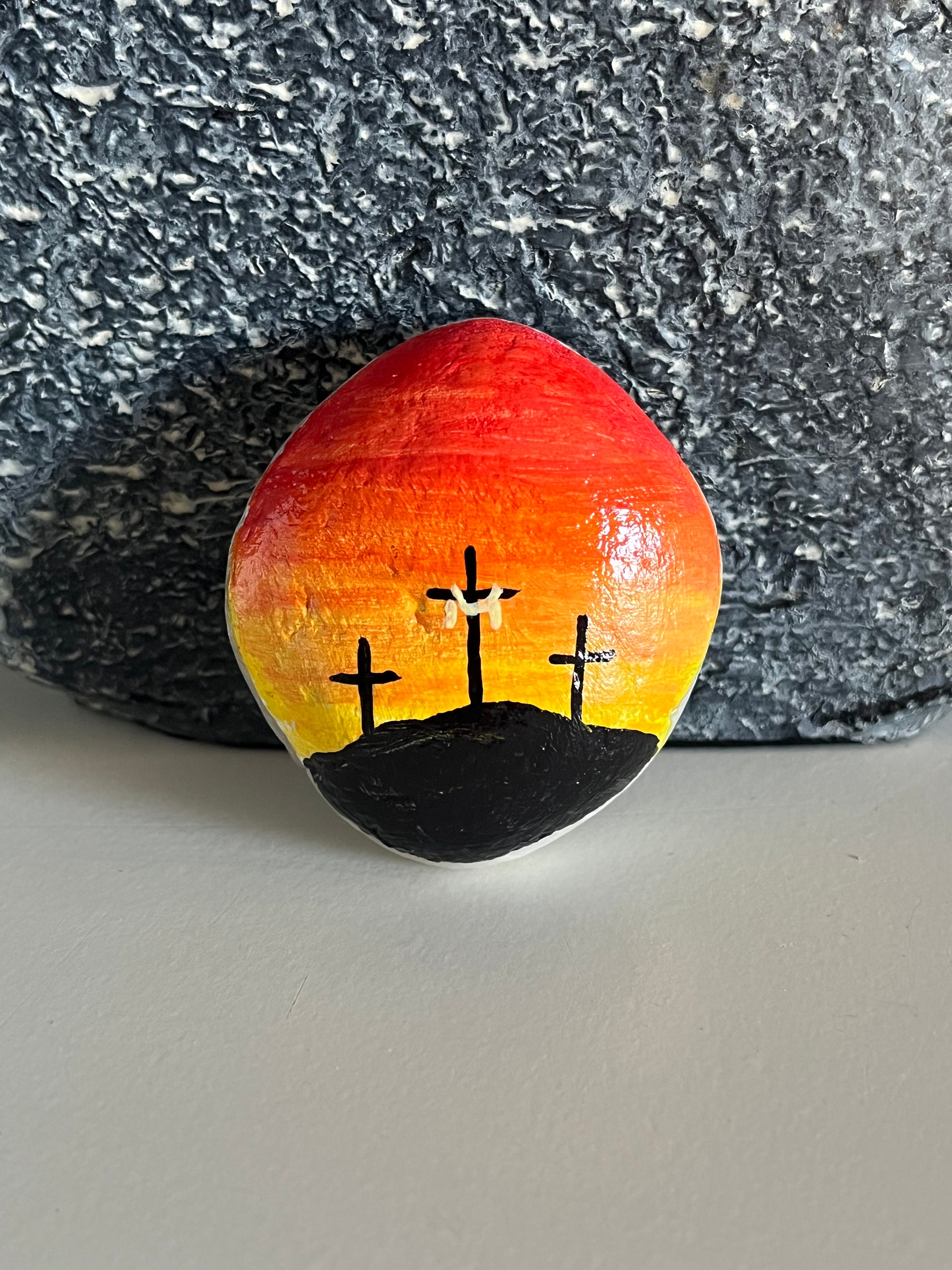 Hand Painted Rock Art Cross JESUS Garden Deco Landscape Decor Stone Art ...