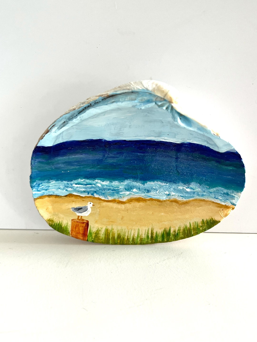 Hand Painted Large Clam Shell Jewelry Dish Ocean Beach Shore Seagull ...