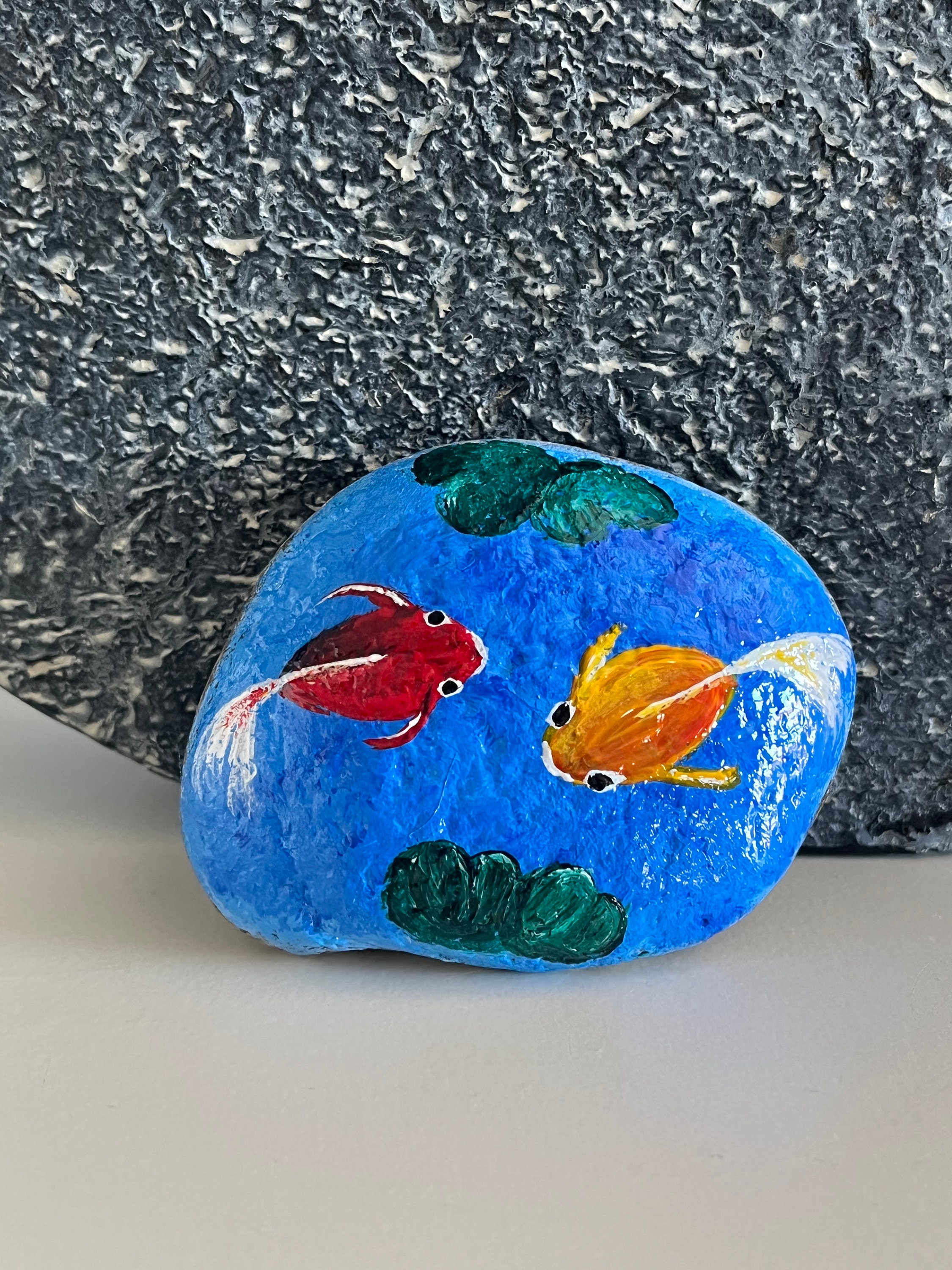 Hand Painted Rock Art Fish Pond Koi Coastal Decor Goldfish Stone Rock ...
